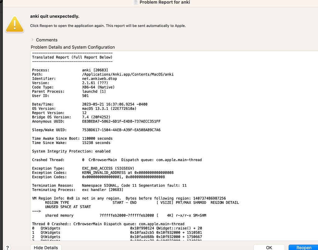 Anki Quits Unexpectedly Every Time I Hit The Browse Option Nothing Seems To Solve The Problem